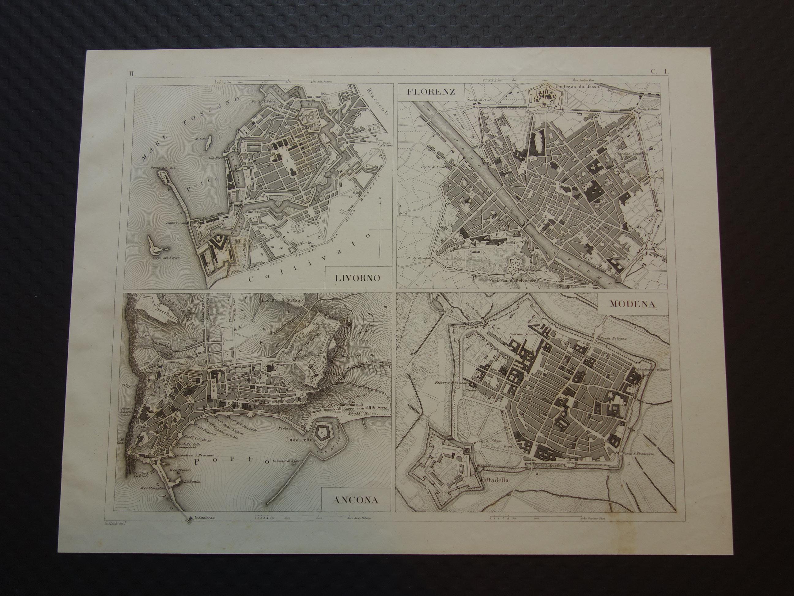 FLORENCE Old Map of Ancona Modena Livorno and Florence Original 175 ...