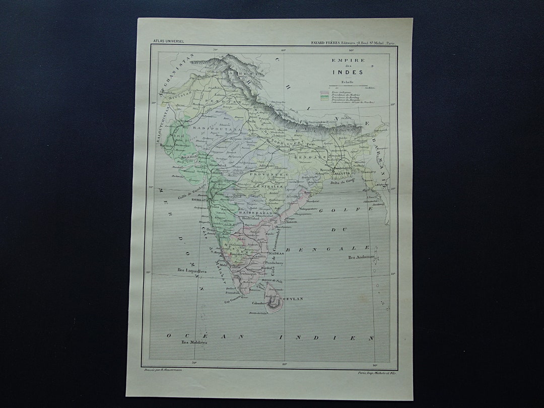 INDIA mapa antiguo del imperio indio en 1896 impresión antigua original ...