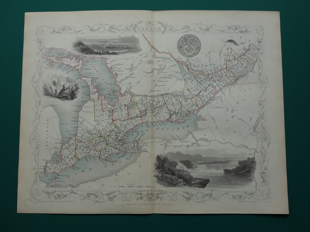 1851 CANADA Antique Map of Canada Original John Tallis Toronto Ontario ...