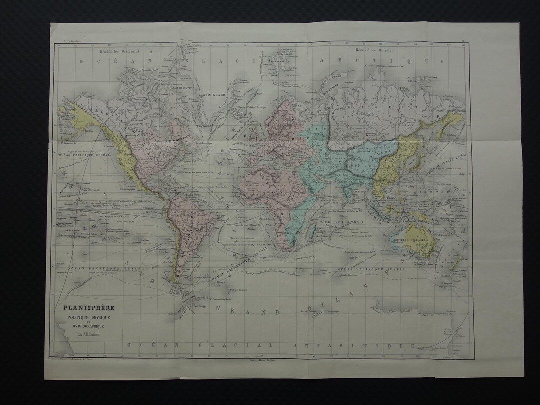 Antique World Map 1858 Original Antique Hand-colored Worldmap Ocean ...