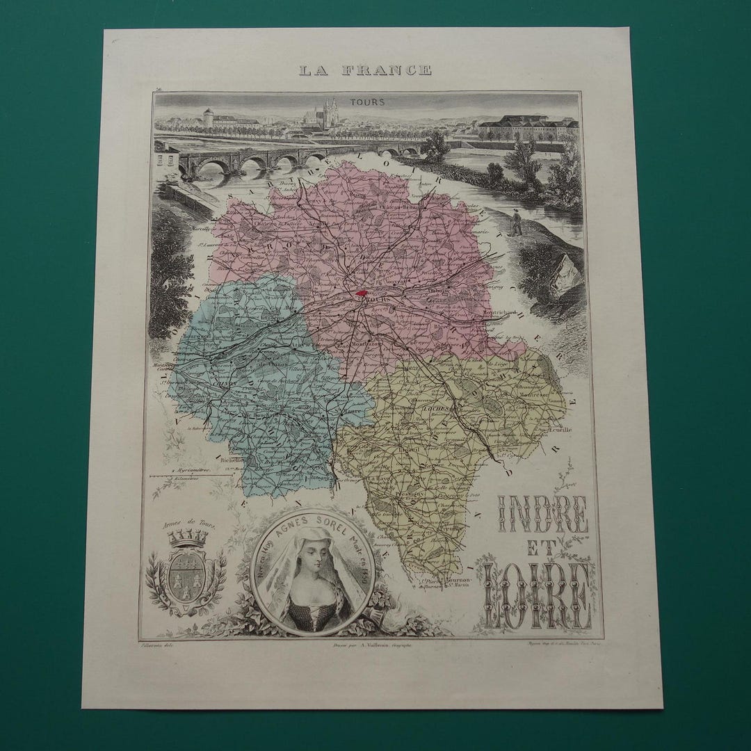 INDRE-ET-LOIRE 1880 Original Old Map of Department France Hand-colored ...