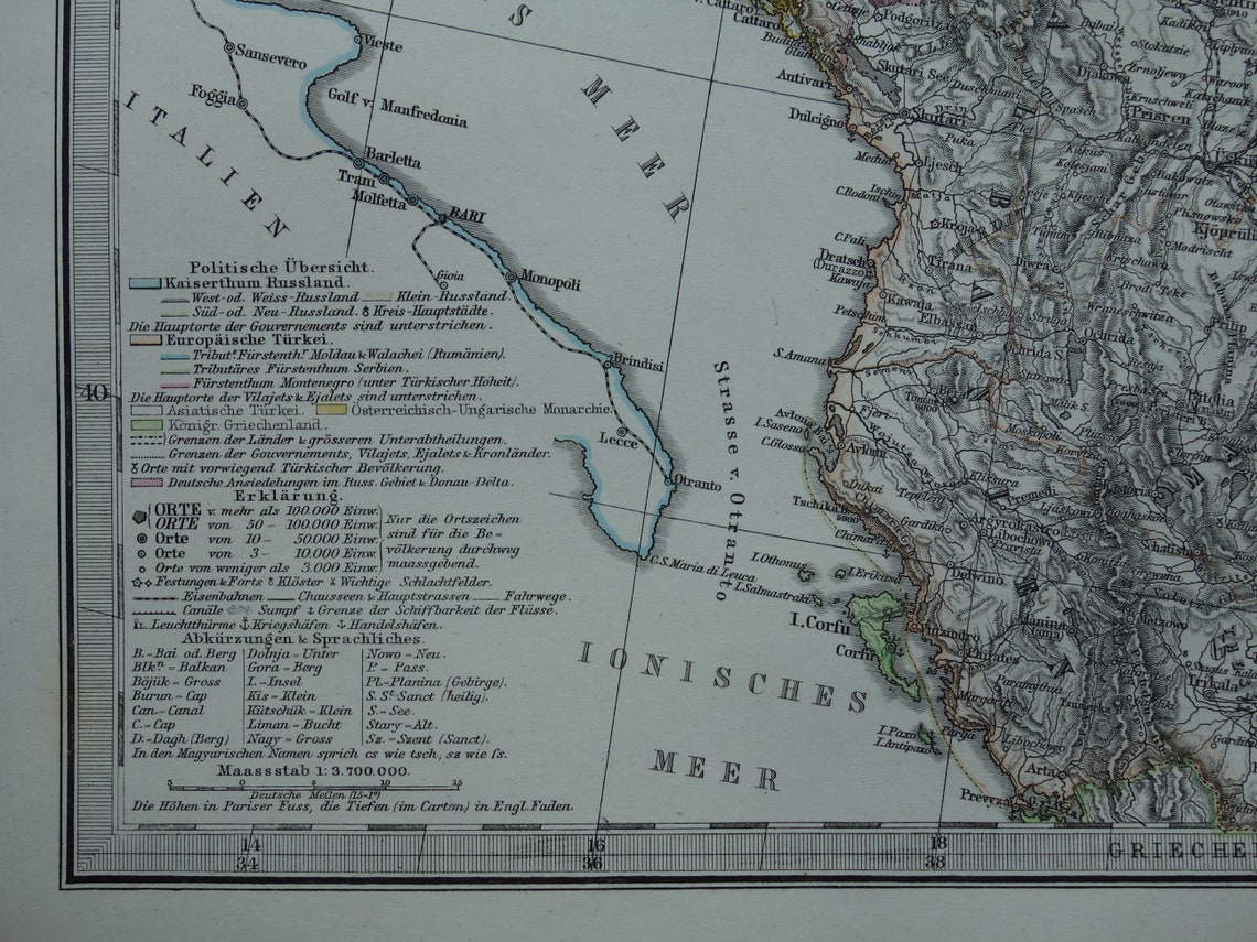 BALKANS Old Map of European Turkey in 1877 Original Large Antique Print ...