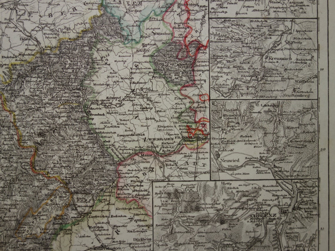 GERMANY Old Map 1849 Original Hand Colored Antique Print of Koblenz ...