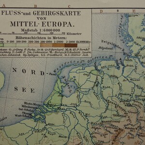 Old Height and River Map of Europe 1905 Original Antique Print Rivers ...