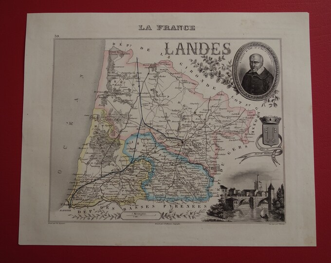 LANDES Old Map of Landes Departement 1856 Beautiful Antique Hand ...