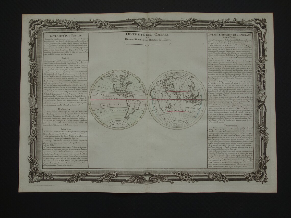 WORLDMAP Antique Map of the World About Sun/shadow 1761 Original French ...