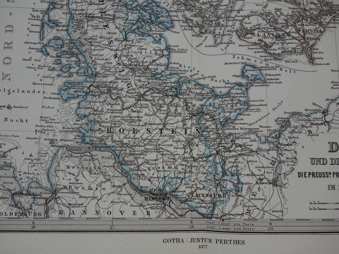 DENMARK Old Map of Denmark and Holstein 1877 Original Large - Etsy