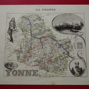 1856 YONNE Old Map of Yonne France Original Antique Print About Auxerre ...
