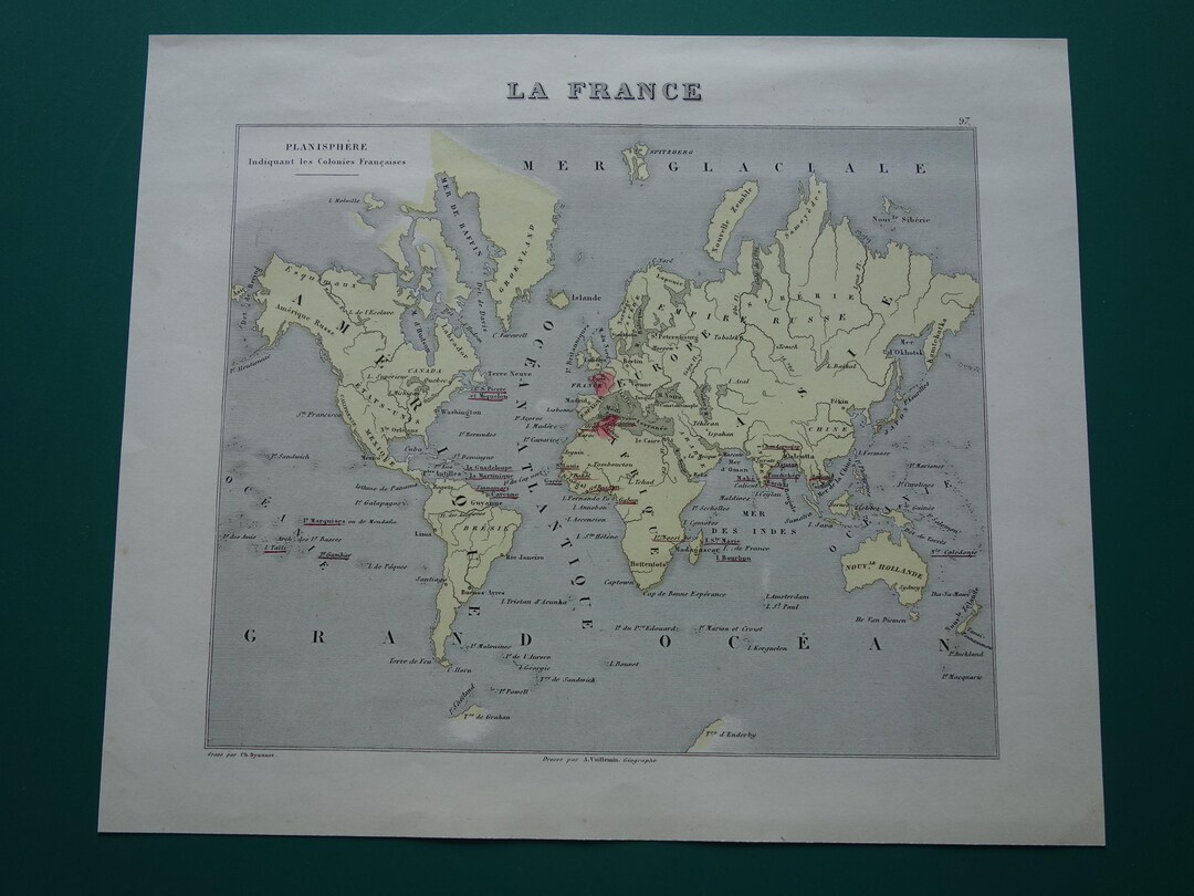 1870 Old World Map of French Colonies - Original Hand-colored Antique ...