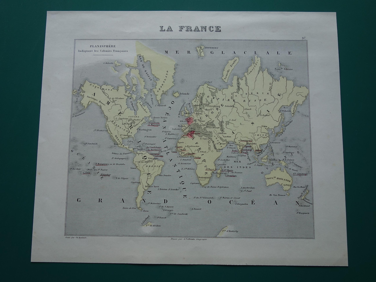 1870 Old World Map of French Colonies - Original Hand-colored Antique ...