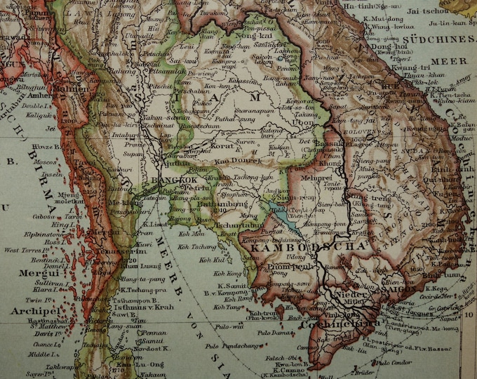 INDOCHINA Old Map of French Indochine 1905 Original Antique Print ...