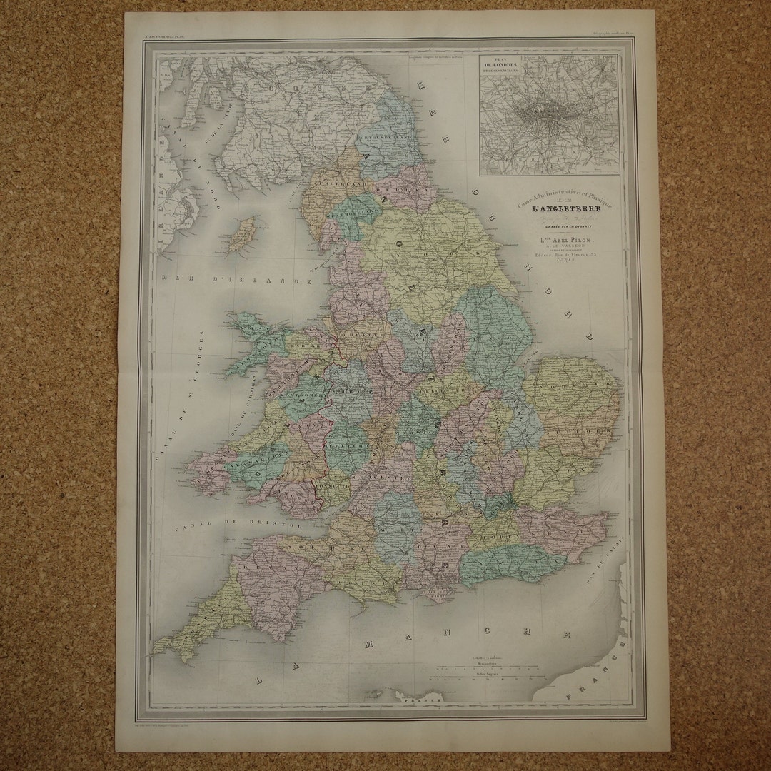 ENGLAND Old Map of England 1880 Original Hand Colored Antique Print of ...