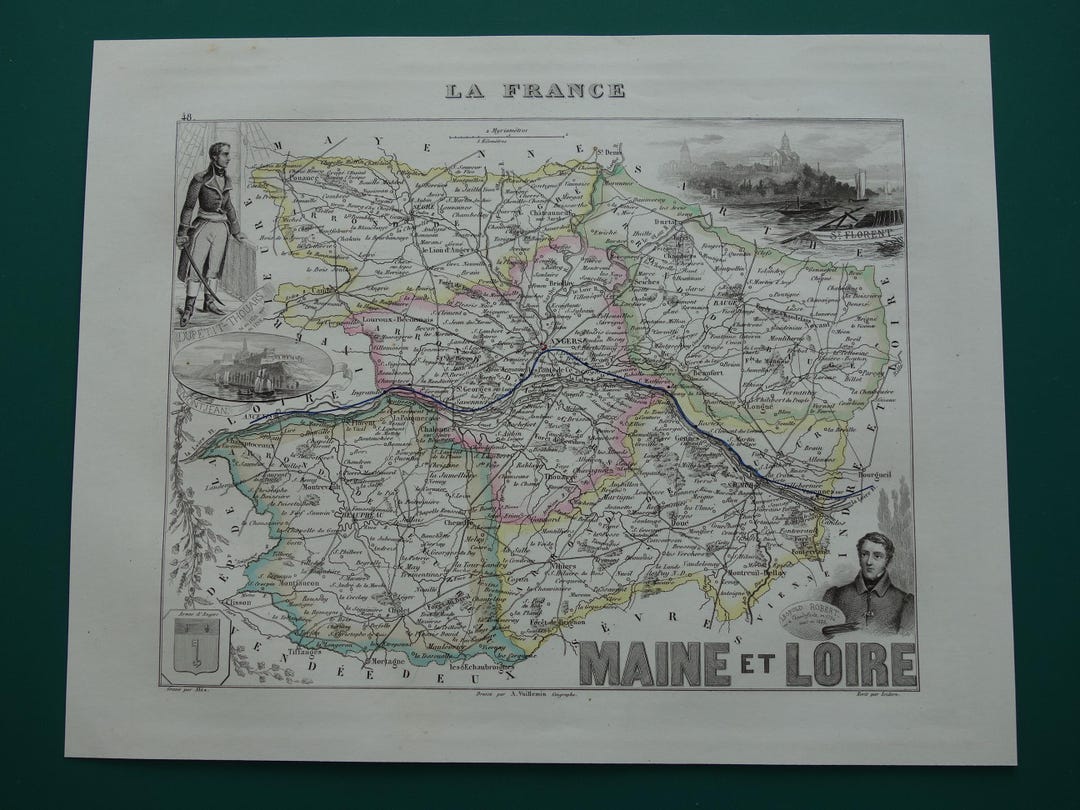 MAINE ET LOIRE 1856 Original Old Map - Hand-colored Antique Engraving ...