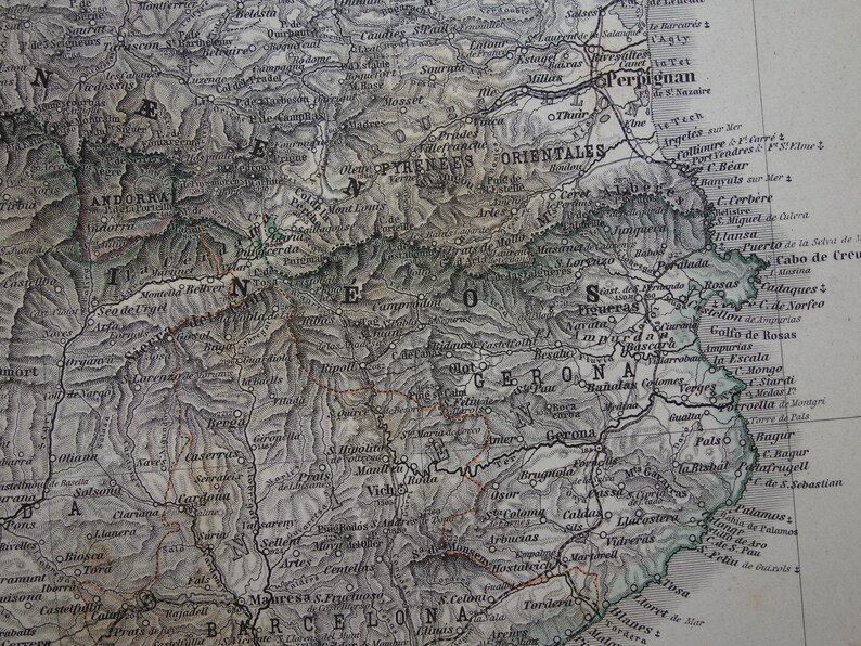 SPAIN Antique Map of Aragon Catalonia 1876 Large Original Old Hand ...