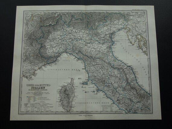 ITALY Old Map of Northern Italy 1877 LARGE Antique Print | Etsy