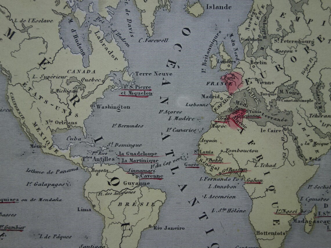 1870 Old World Map of French Colonies - Original Hand-colored Antique ...