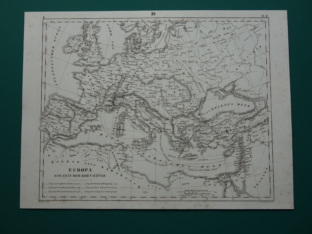 EUROPE During Crusades Antique Map Original 175 Years Old Print of ...