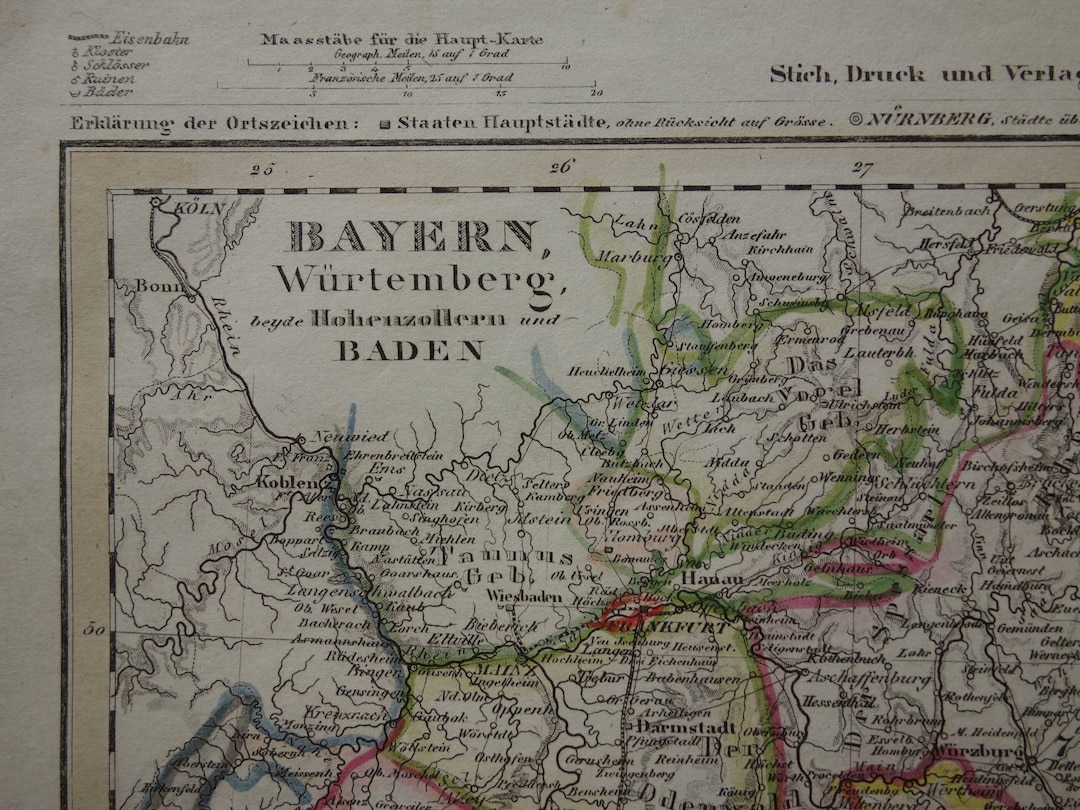 GERMANY Old Map of Bavaria 1849 Original Hand Colored Antique Print of ...