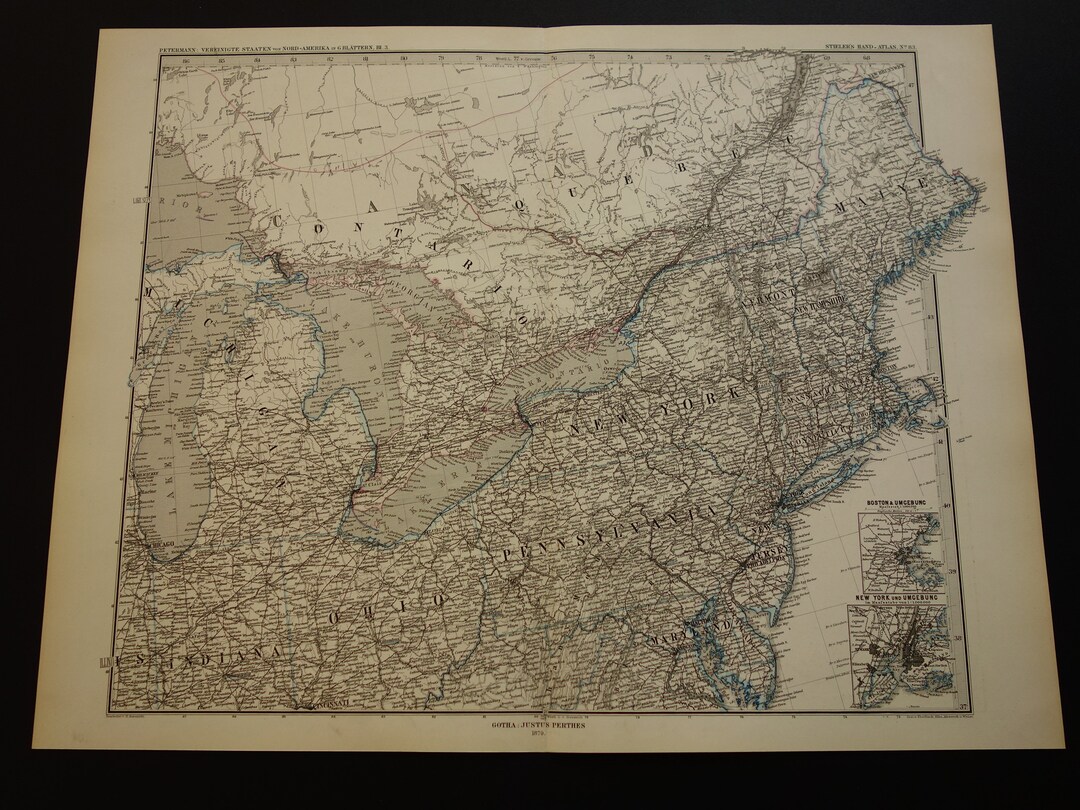 USA Antique Map 1879 Original Old Antique Map of Northeast USA Detailed ...