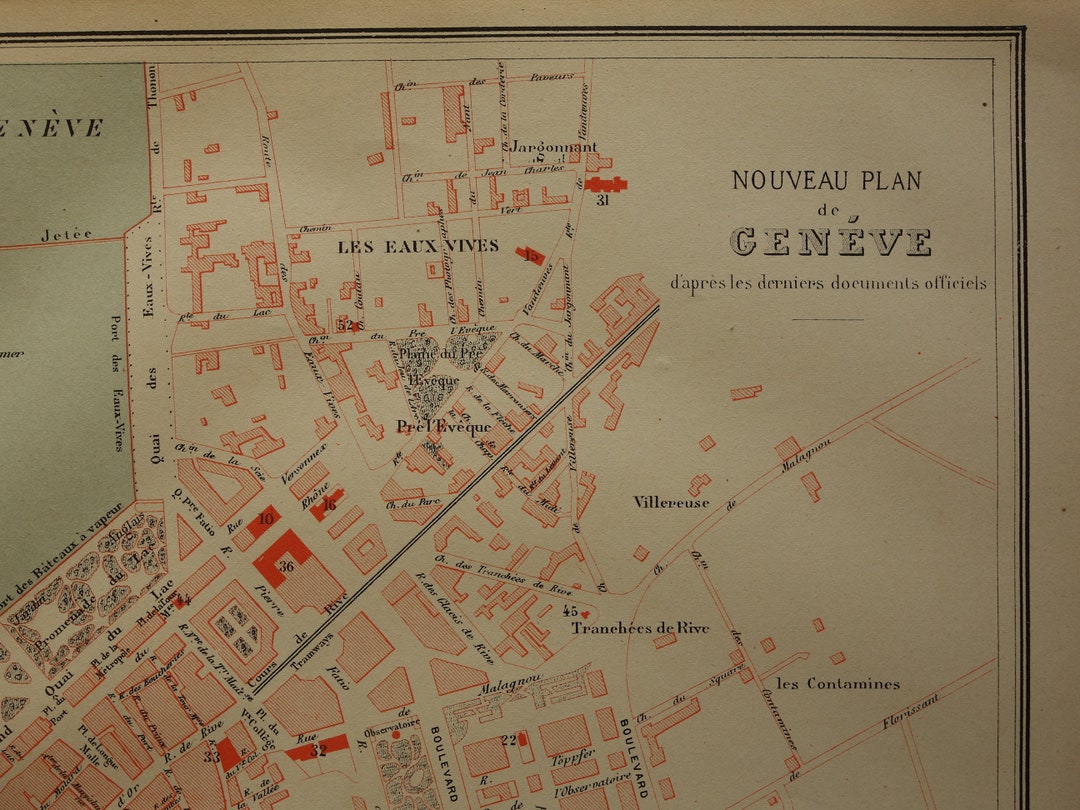 GENEVA Old Map of Geneva 1877 Big Antique French City Plan Genève ...
