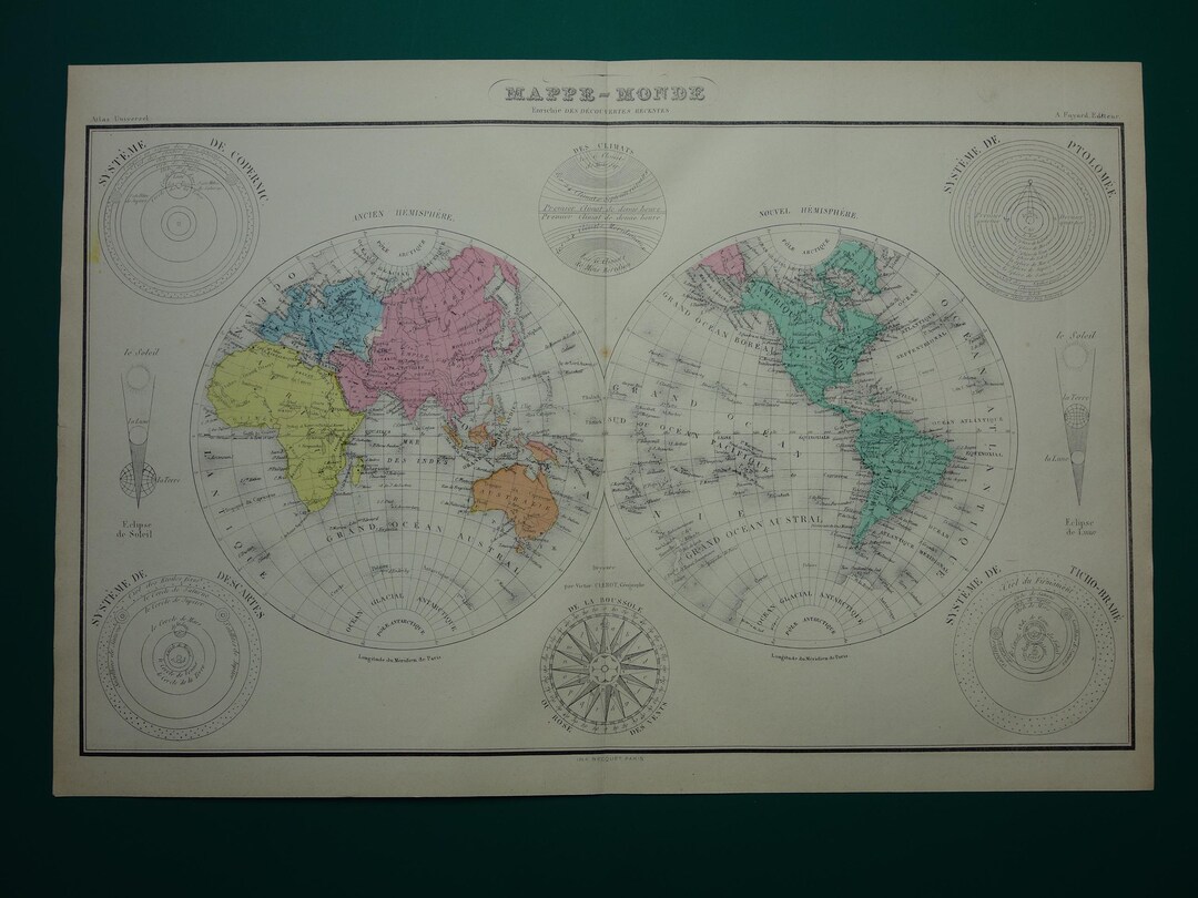 WORLDMAP Old Map of the World Large Original 1877 Antique French World ...