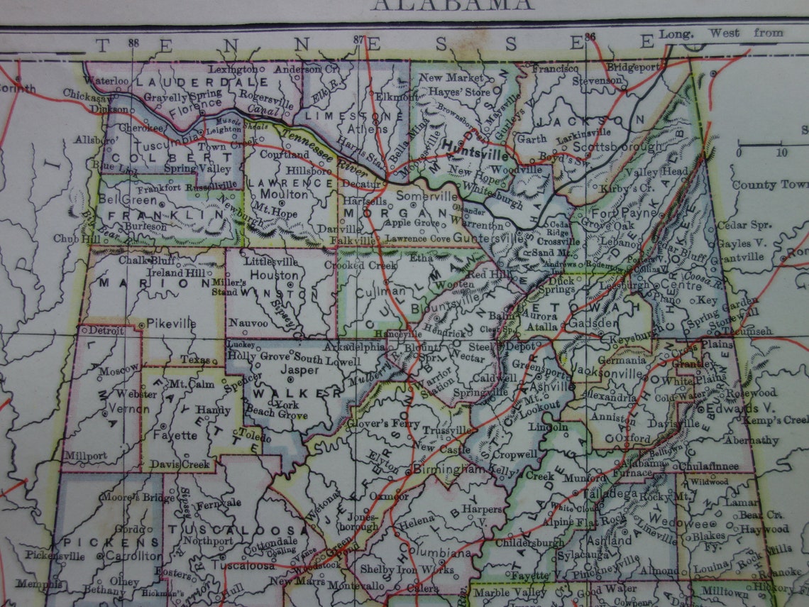 ALABAMA Old Map 1875 Original Antique State Maps of Alabama | Etsy