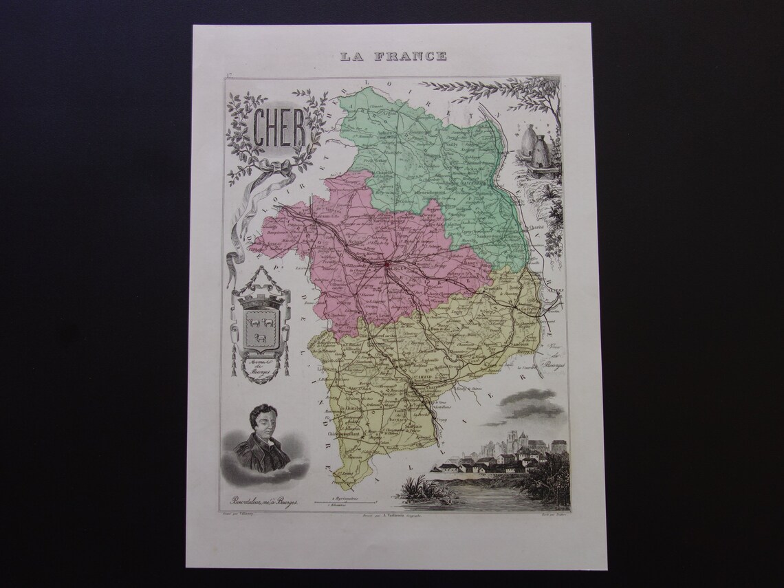 CHER Old Map of Cher Department France 1874 Original Antique | Etsy