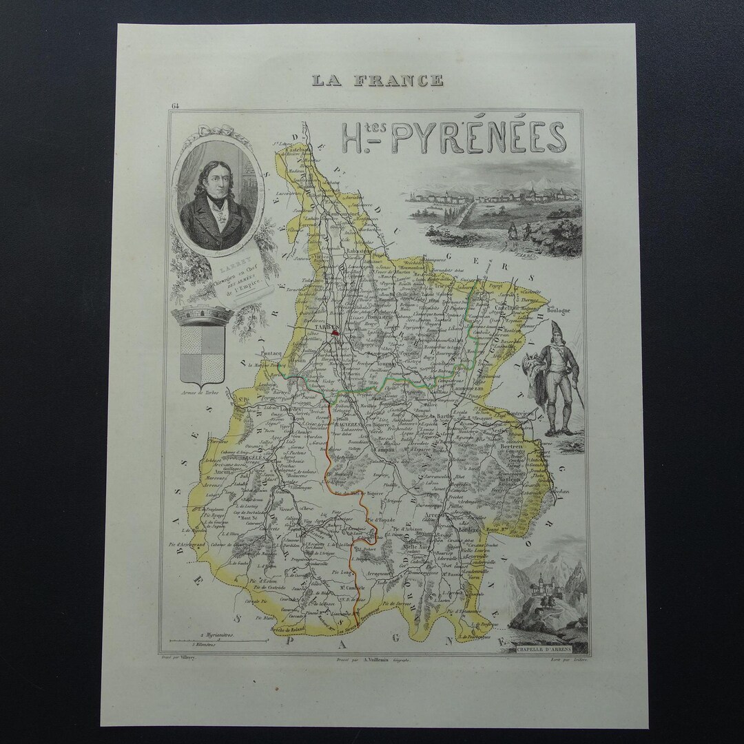 Hautes-pyrenees Old Map 1851 Original Antique Hand-colored Pyrénées ...