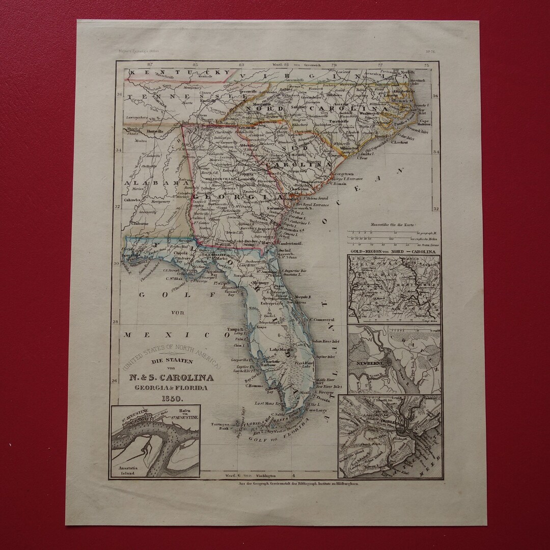 Florida Antique Map 1850 Original Old Print of North & South Carolina ...