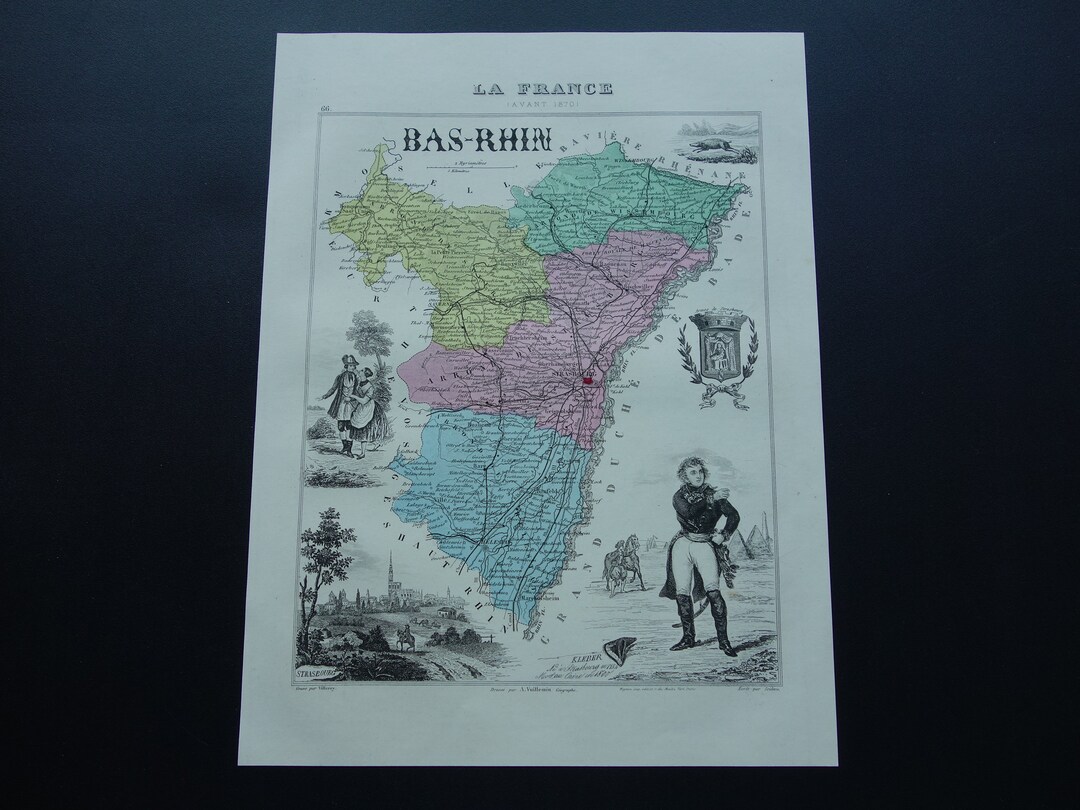 1880 Old Map of Bas-rhin Department - Lovely Antique French Poster ...