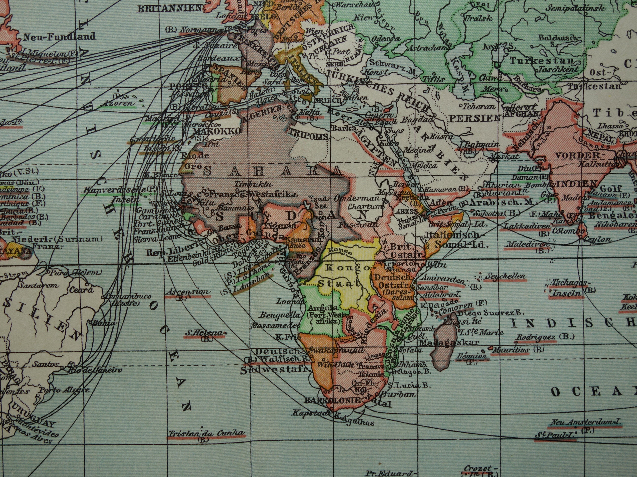 WORLDMAP Old Map of the World 1908 Lovely Antique German Colonial Map ...