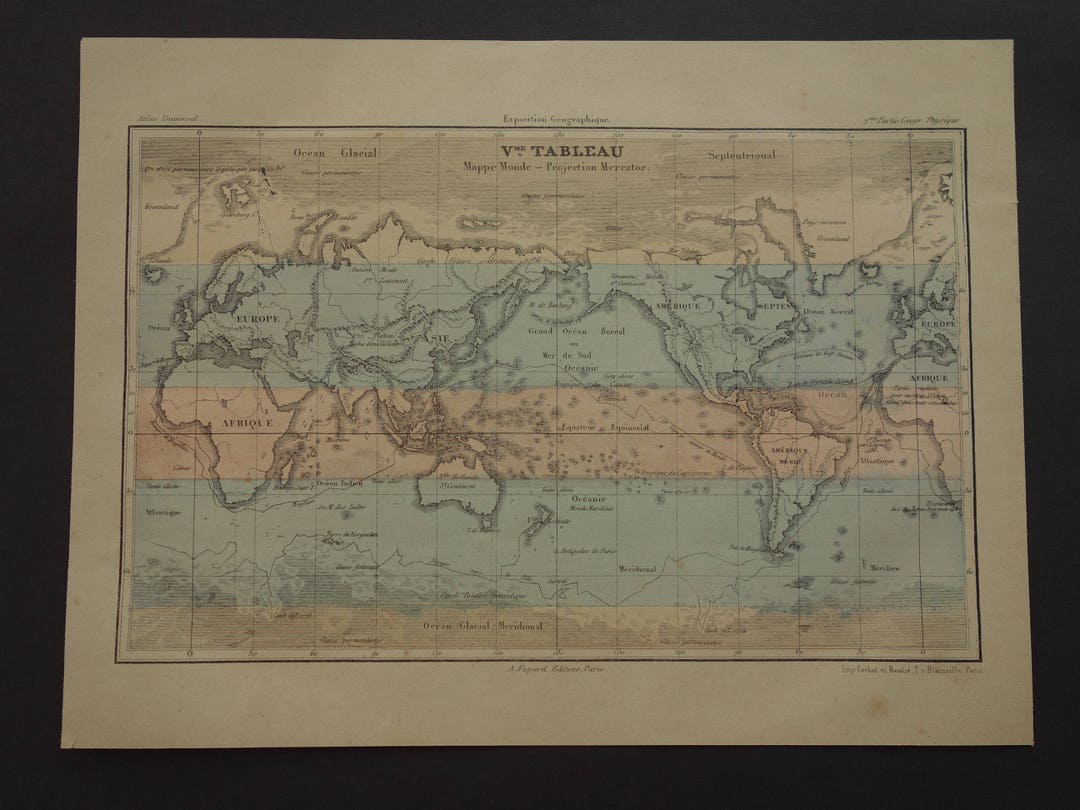 WORLD MAP 1877 Antique Hand-colored French Old World Map Print in ...