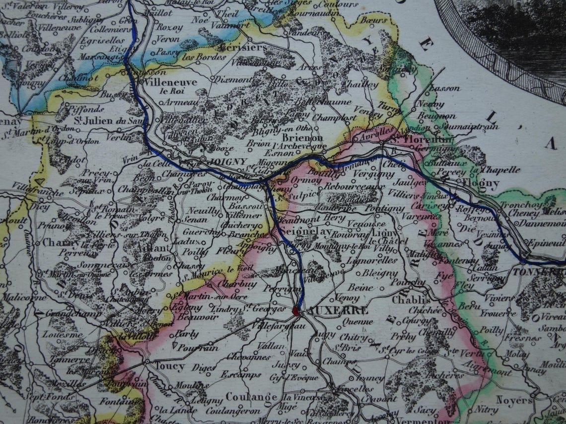 1856 YONNE Old Map of Yonne France Original Antique Print About Auxerre ...