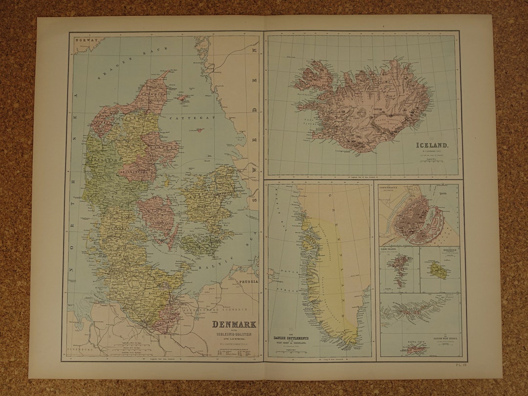 1878 DENMARK Old Map LARGE Original Antique Print About Danish Colonies ...