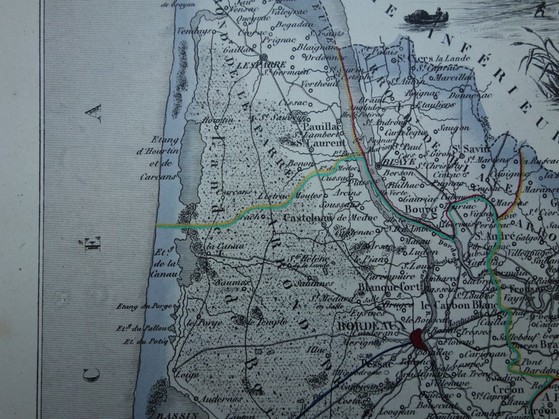 1851 Old Map of Gironde Department France - Beautiful Antique Hand ...