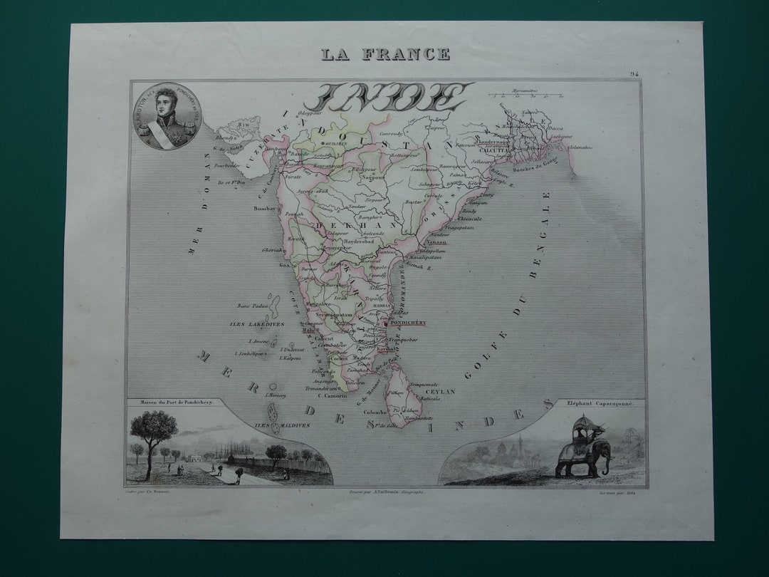 INDIA Old Map of French India 1856 Original Antique Hand-colored Maps ...