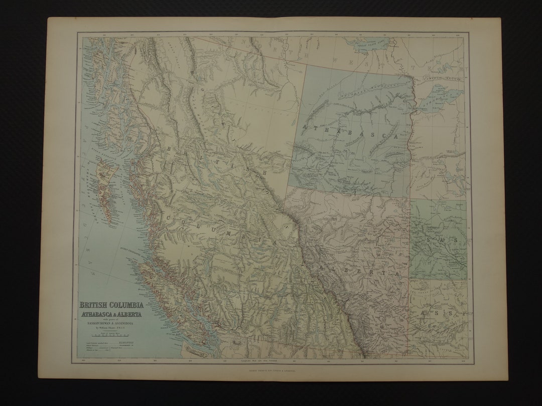 CANADA Old LARGE Map of British Columbia Alberta Athabasca 1890 ...