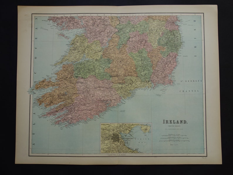 IRELAND Antique Map LARGE Original Old Poster of Southern | Etsy