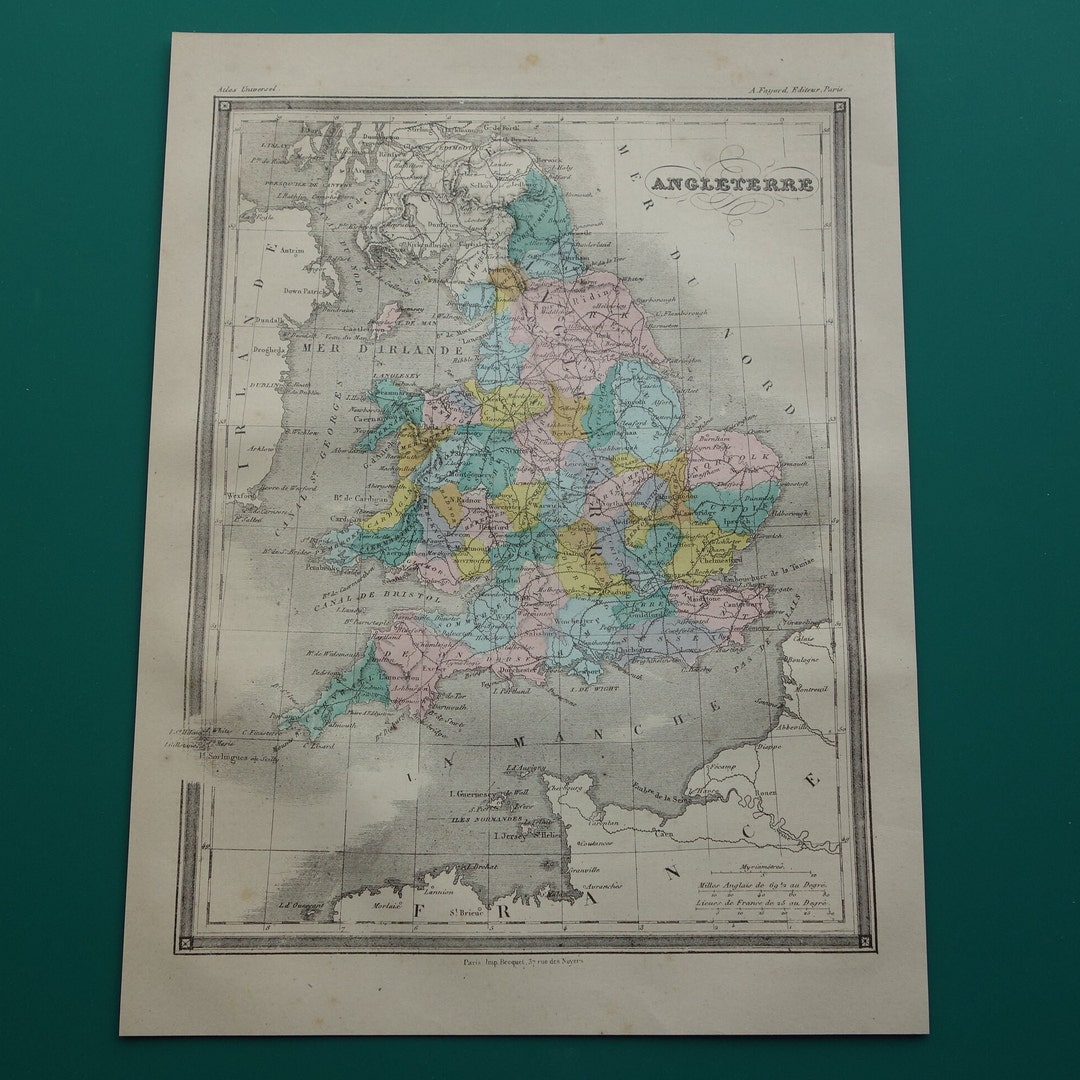 ENGLAND Antique Map of England and Wales 1878 Original Old Hand-colored ...
