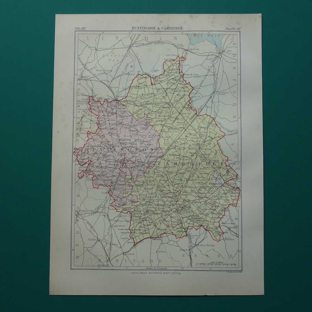Old Map of Huntingdon and Cambrige County - Beautiful 1881 Antique ...