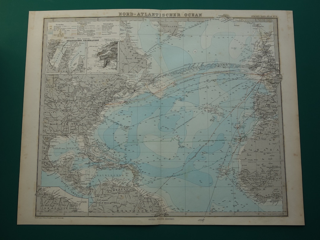 ATLANTIC Ocean Map 1886 Original Large Old Print of Sea Depth Steamer ...