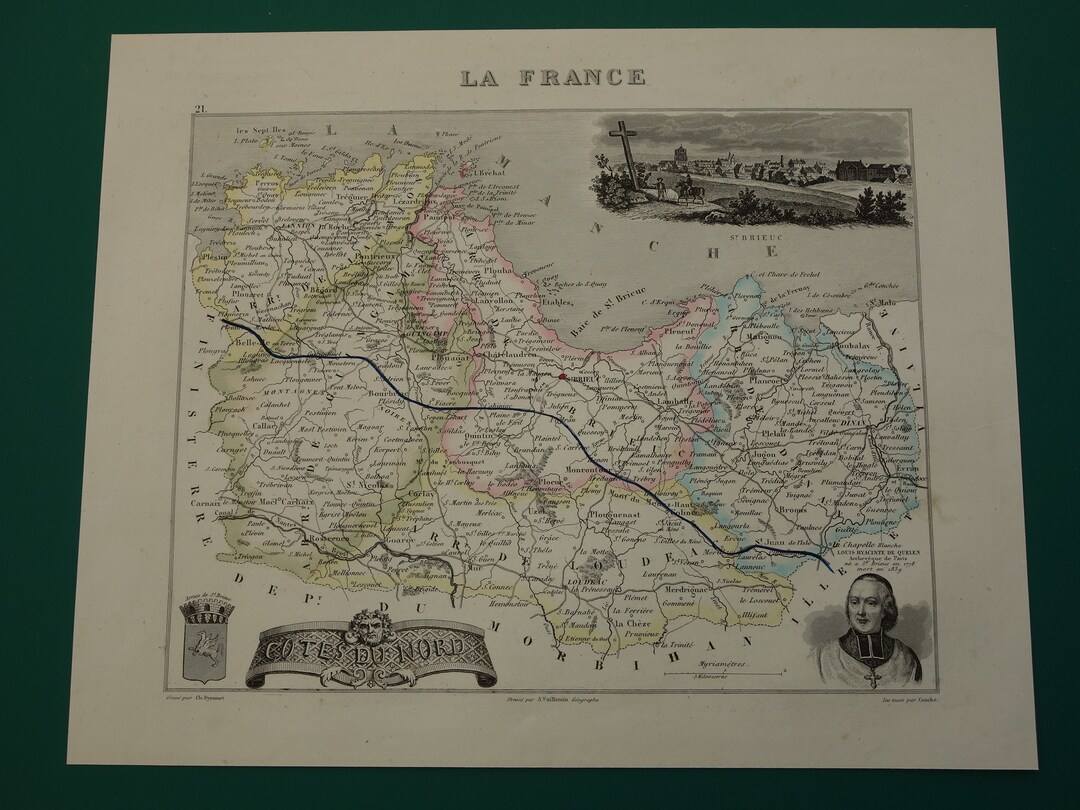 1856 Antique Map of Côtes-d'armor Department France Beautiful Old Hand ...