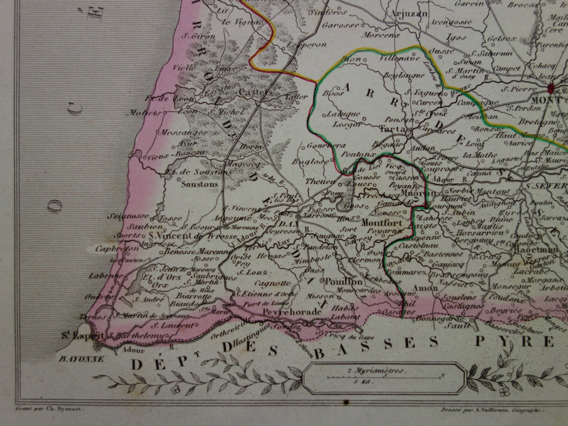 LANDES Old Map of Landes Departement 1851 Beautiful Antique | Etsy