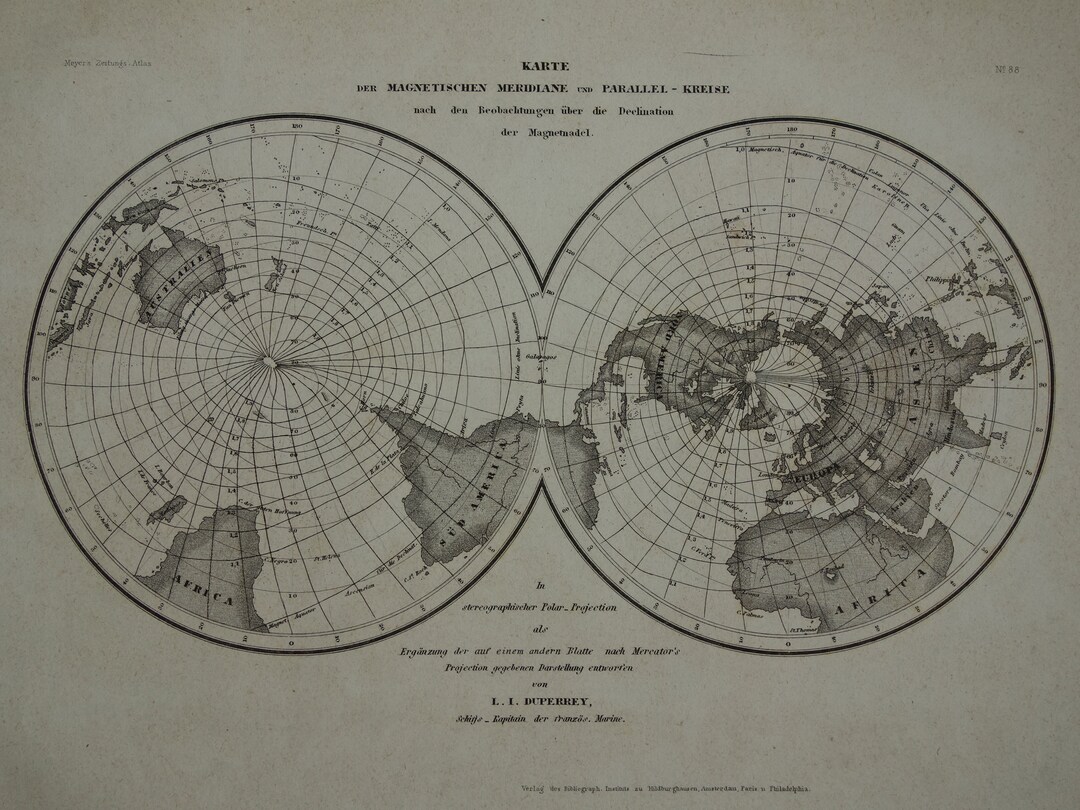 EARTH'S MAGNETIC FIELD Antique World Map Original 175+ Years Old ...