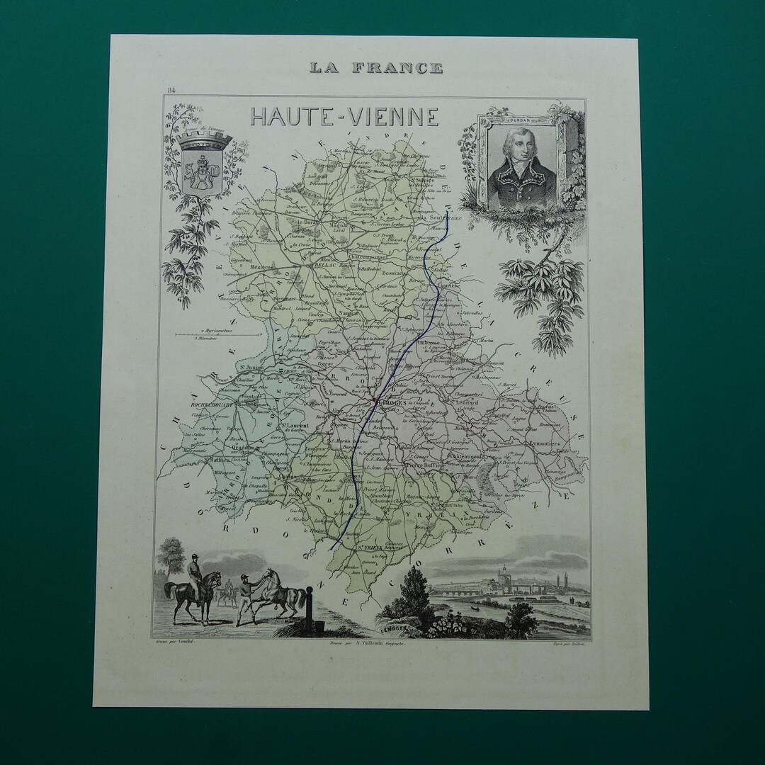 1870 Antique Map of Haute-vienne Department France Beautiful Old Hand ...