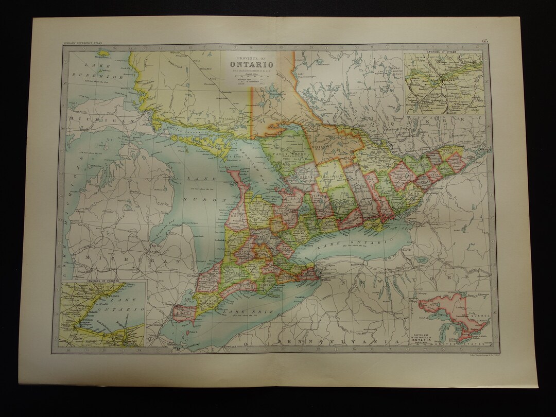 ONTARIO Old Map LARGE 1890 Original Antique Print of Ontario Canada ...