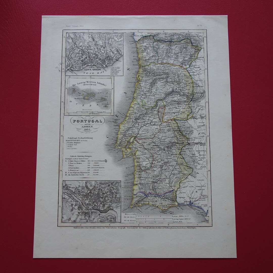 PORTUGAL Old Map of Portugal the Azores 1849 Original Antique Maps ...