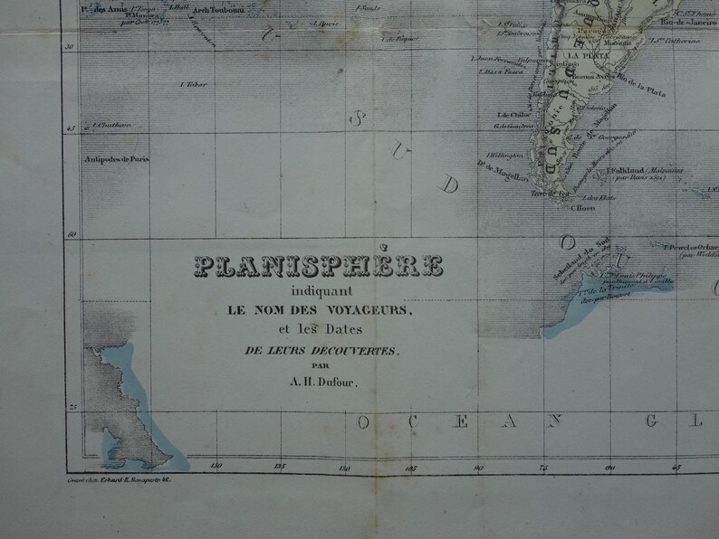 Antique World Map 1858 Original Old French Print About Explorers ...
