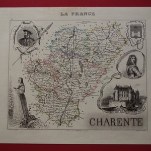 1856 CHARENTE Old Map of Charente Department Original Hand-colored ...