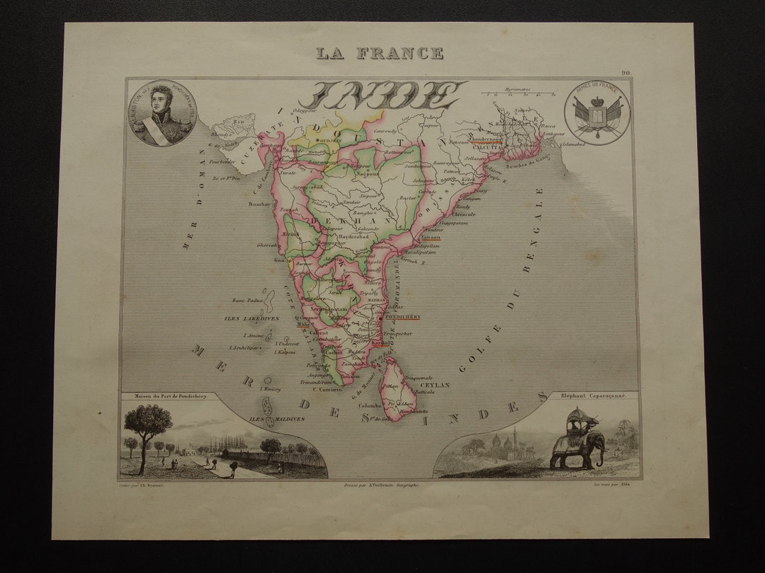INDIA Old Map of French India 1851 Original Antique Hand-colored Maps ...